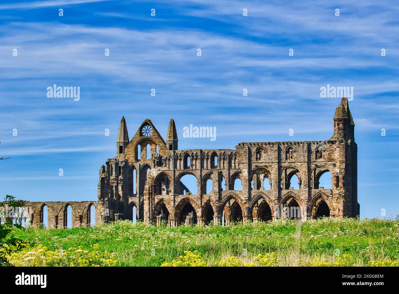 Ruins of an ancient abbey with Gothic architecture, surrounded by grass ...