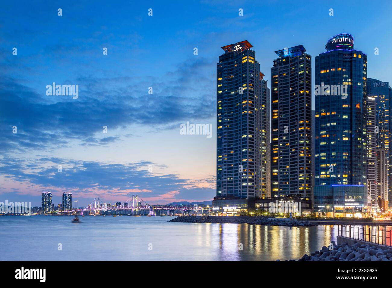 Skyscrapers of Marine City and Gwangan Bridge at dusk, Busan, South ...