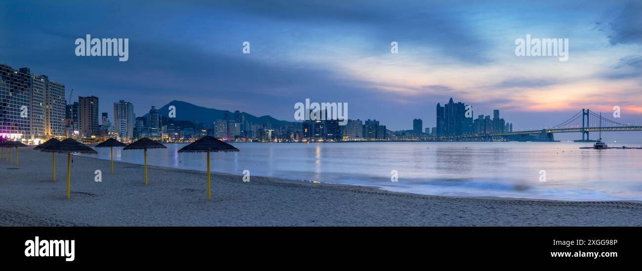 Gwangalli beach and Gwangan Bridge at dawn, Busan, South Korea, Asia ...