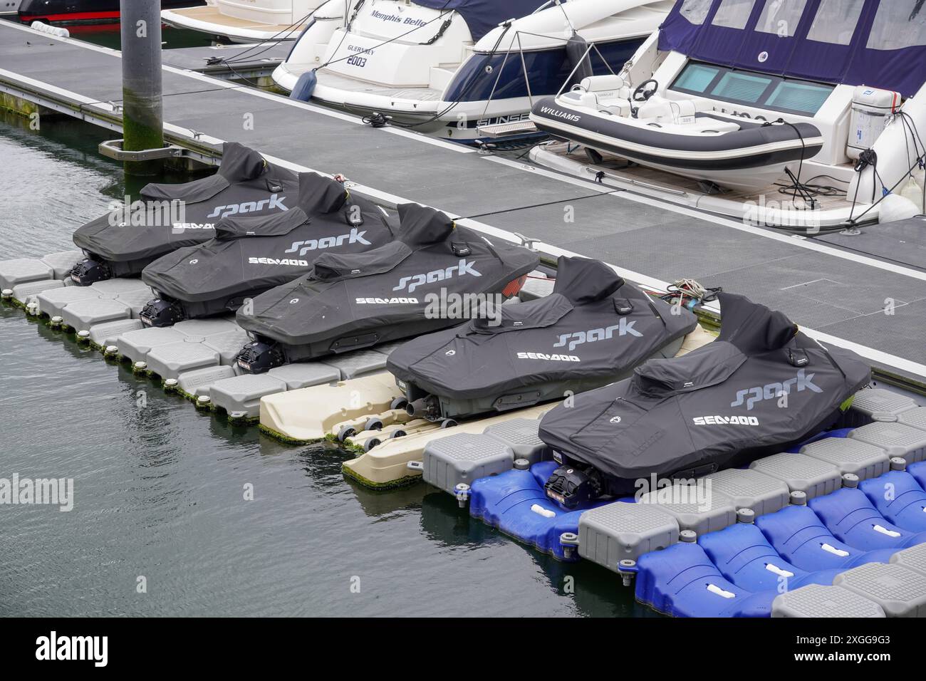 Southampton UK 4 June 2024 A row of personal watercraft jet-skis in ...