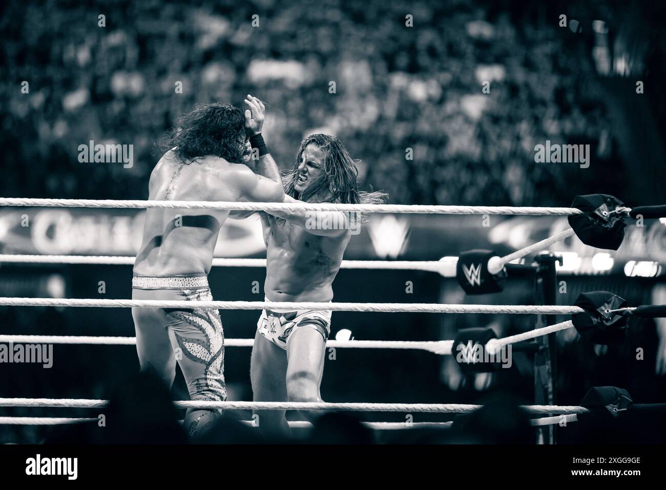 Seth Rollins and Matt Riddle wrestling at Clash at the Castle in Cardiff, Wales on September 3rd ...