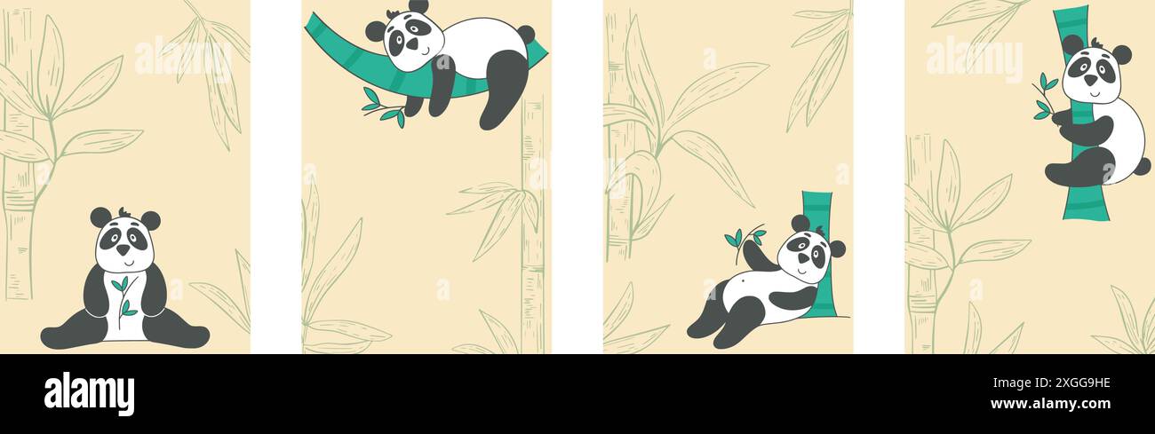 Set of flyers about panda with bamboo. Cute baby character, template ...