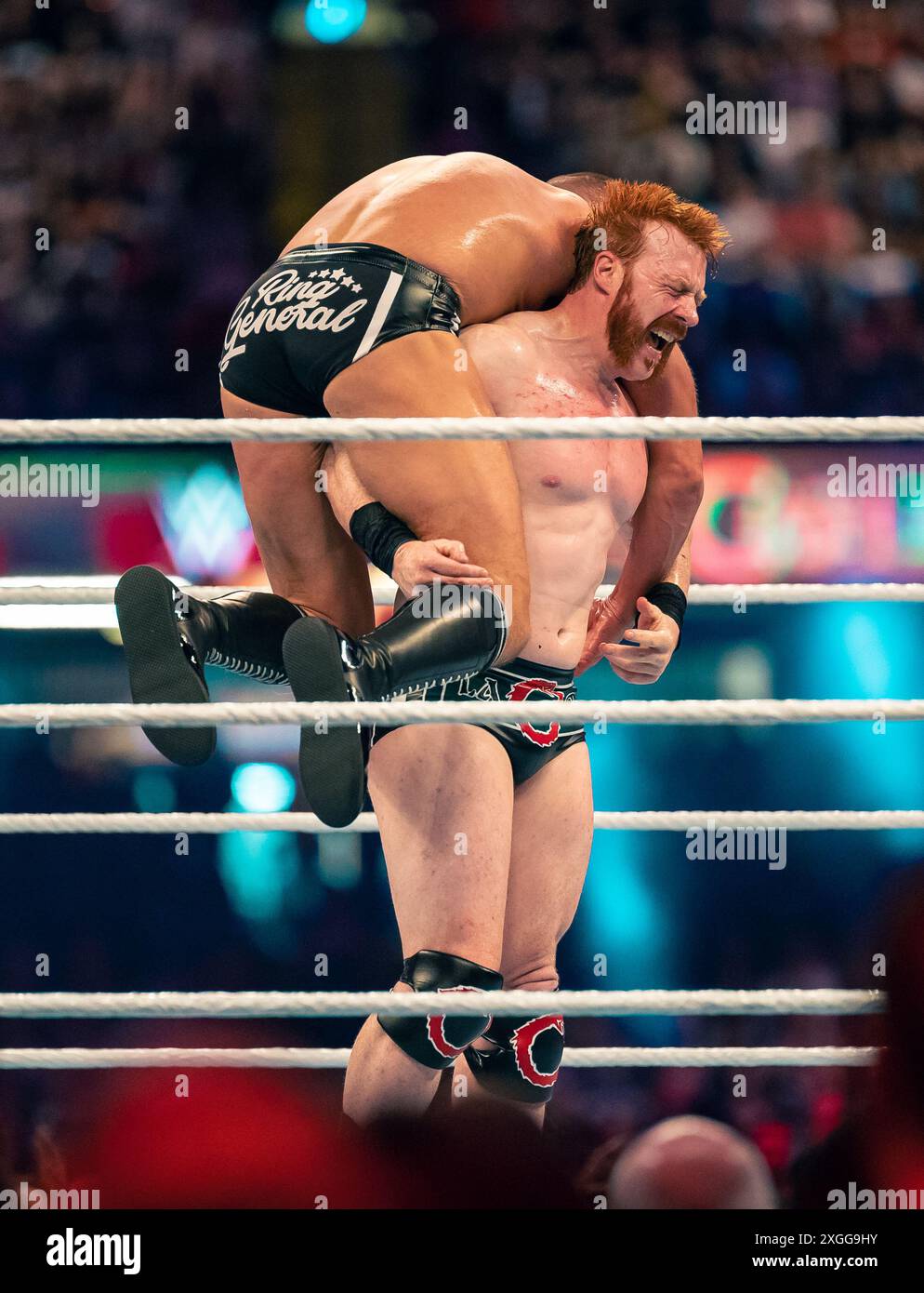 WWE Wrestling Superstar Sheamus grappling with Gunther at Clash at the ...