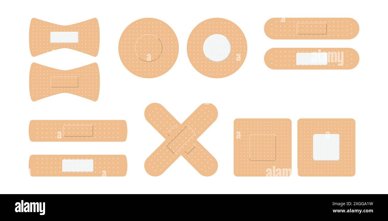 Medical plaster. Adhesive bandage for aid of wound. Icons of breathable bandaids. Bands isolated ...