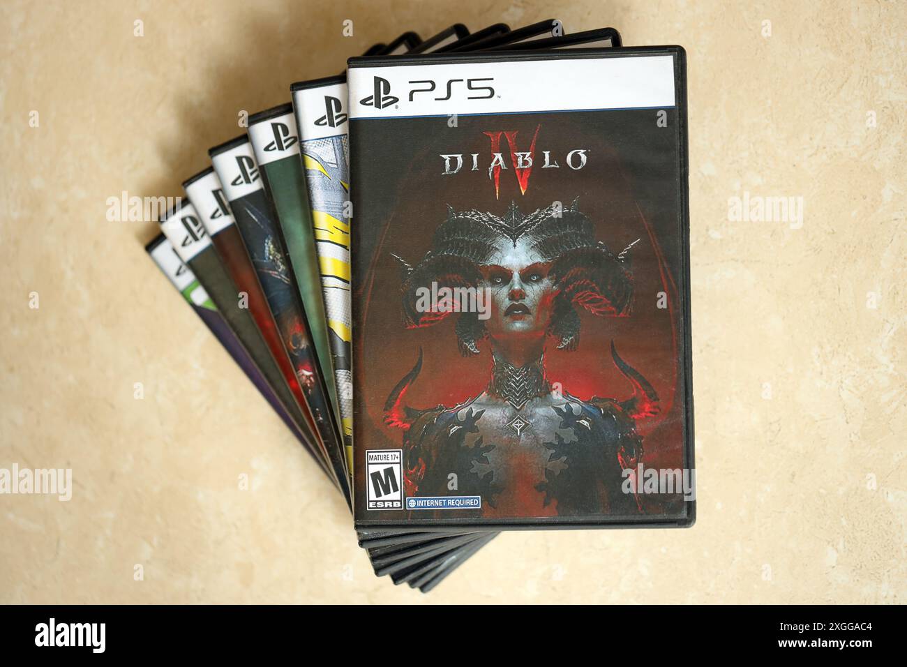 KYIV, UKRAINE - JUNE 26, 2024 Diablo 4 PS5 video game disc box for ...