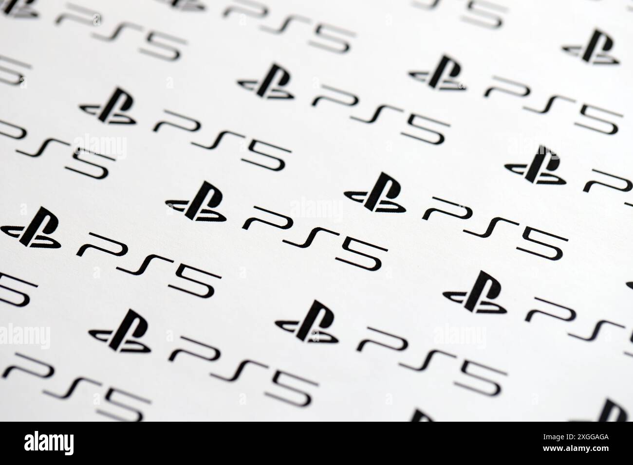 KYIV, UKRAINE - JUNE 26, 2024 Sony Playstation 5 console logo repeating ...