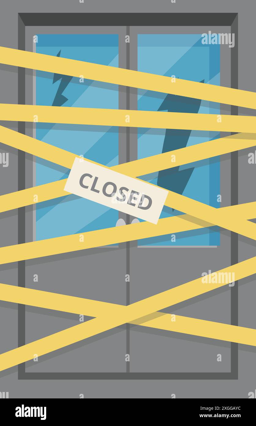 Illustration of a closed shop door, showing broken glass and caution ...