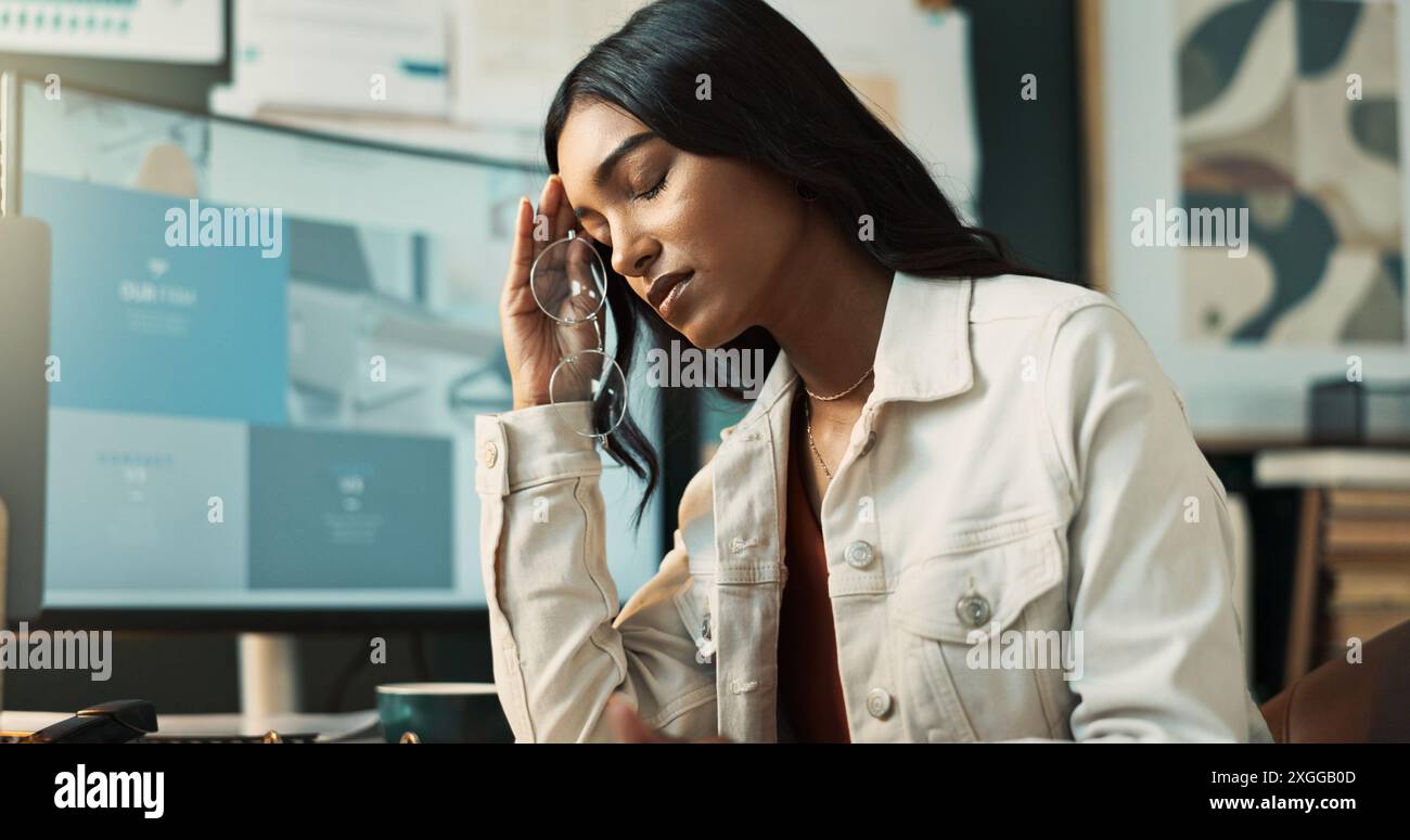 Indian woman, headache and deadline of business, desk and brainstorming ...