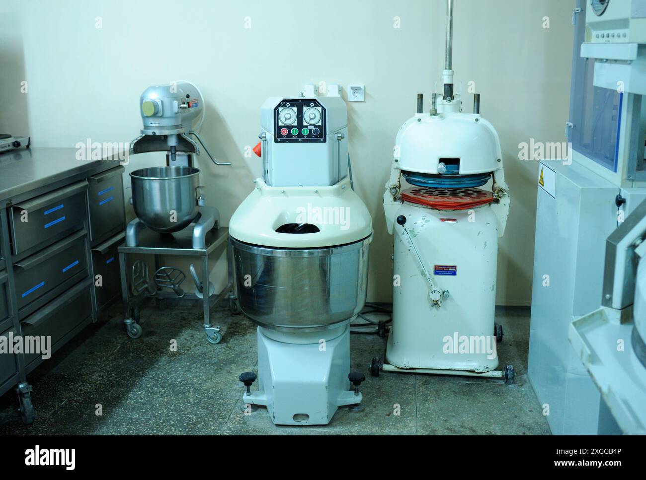 At the Dutch bakery: an automatic dough line prepared for work Stock ...