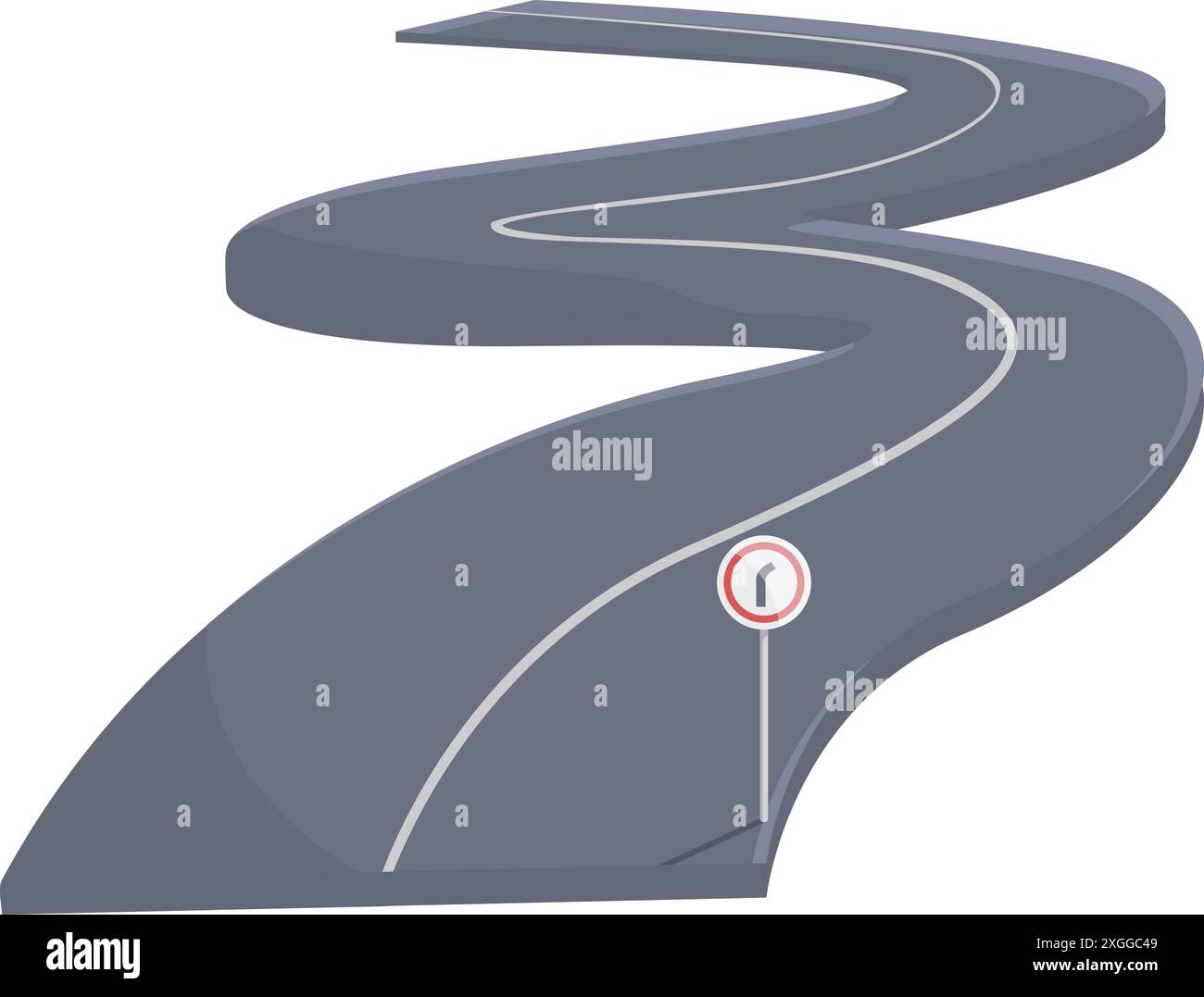 Long, winding road is turning left and right with a sharp turn warning ...