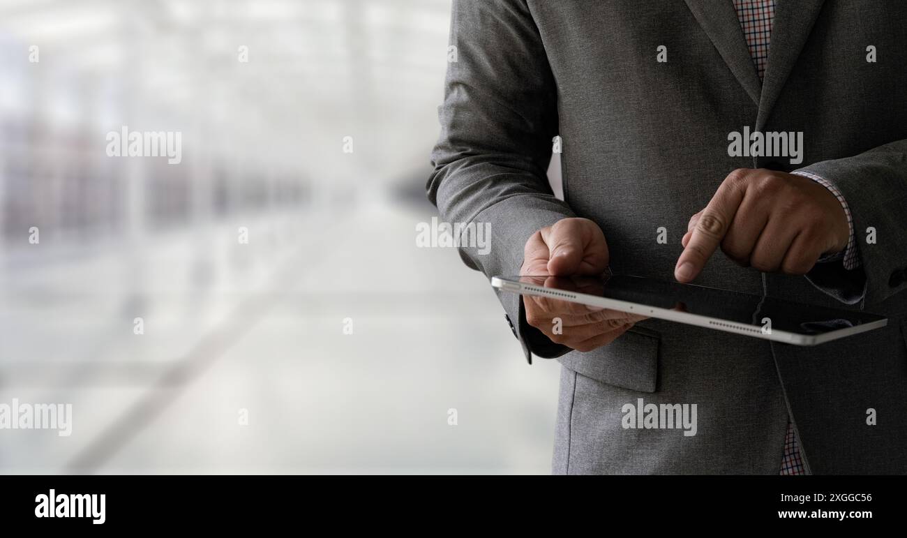 Digital tablet computer close up man using tablet hands man ...