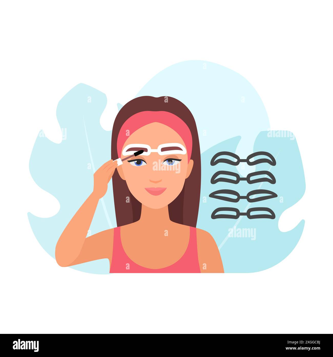 Girl using different eyebrow stencils to draw brown brow with brush ...