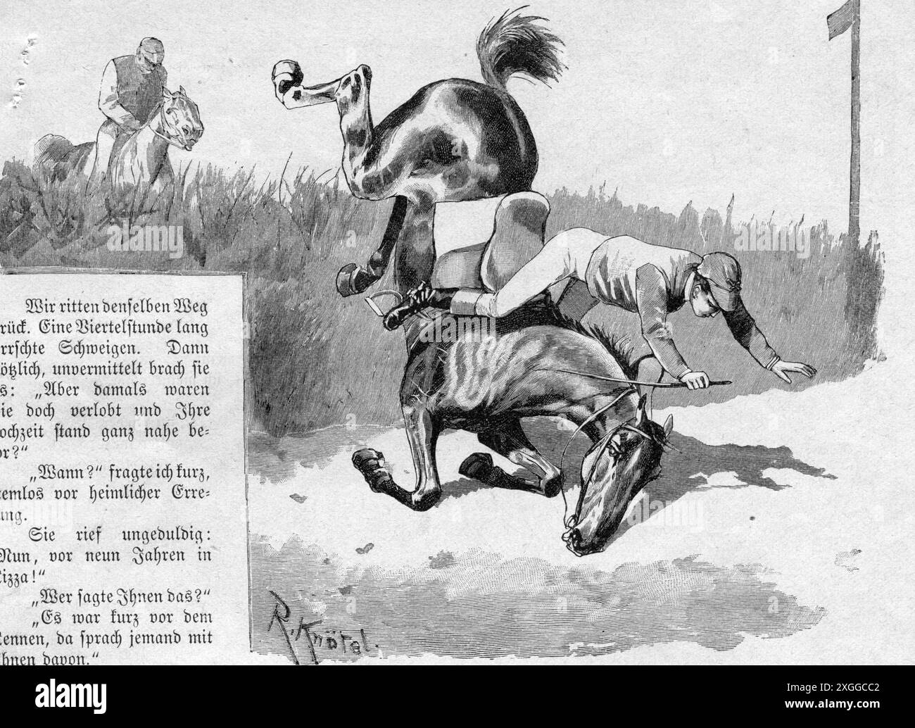 sports, horse-riding, horse race, fall, wood engraving based on drawing ...