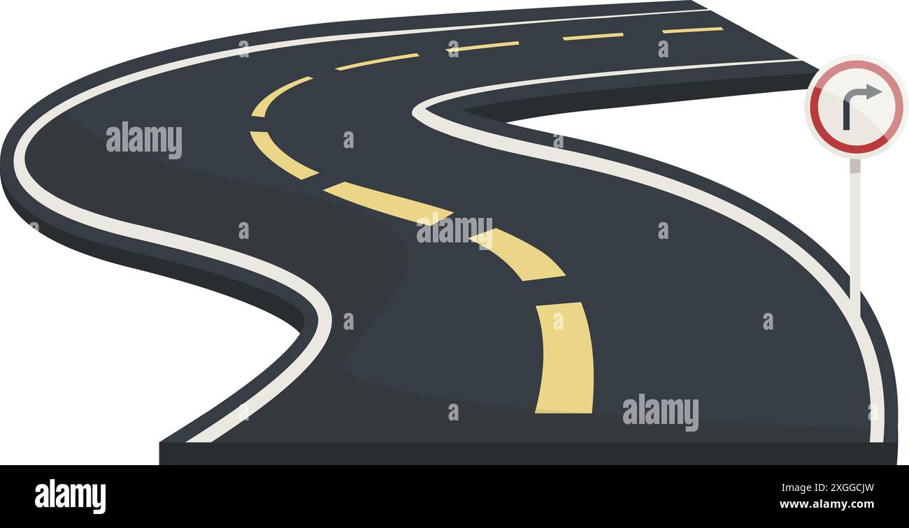 Winding road is turning right with a road sign indicating the turn ...