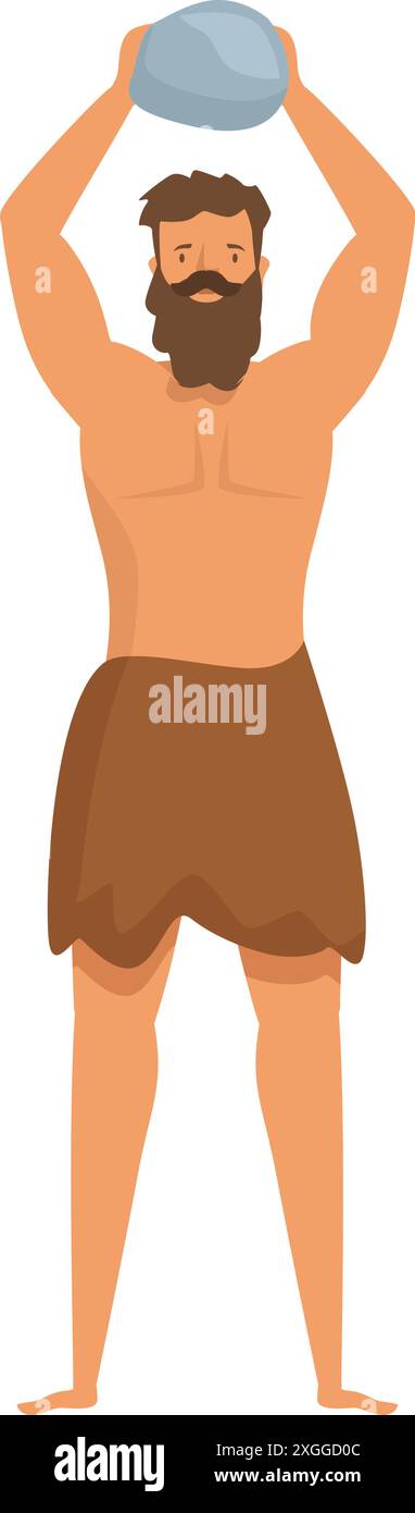 Strong primitive caveman wearing loincloth lifting heavy rock over head ...