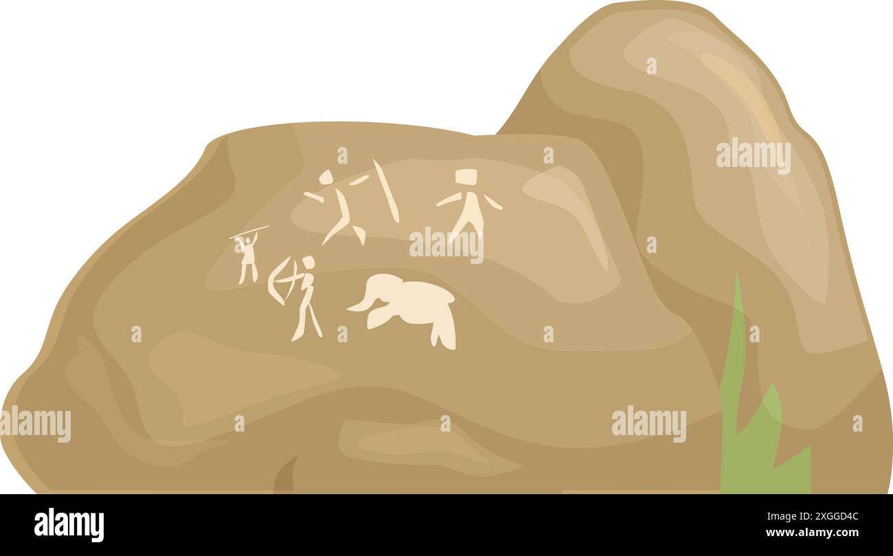 Big brown rock showing ancient cave paintings depicting a hunting scene ...