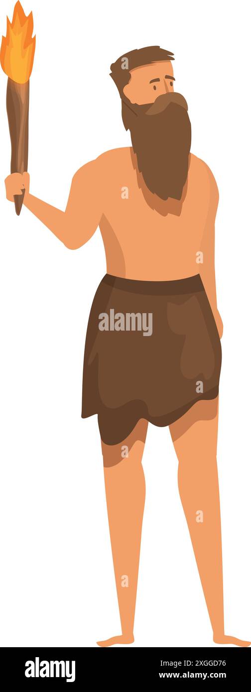 Caveman is holding a burning torch, illuminating the darkness of his ...