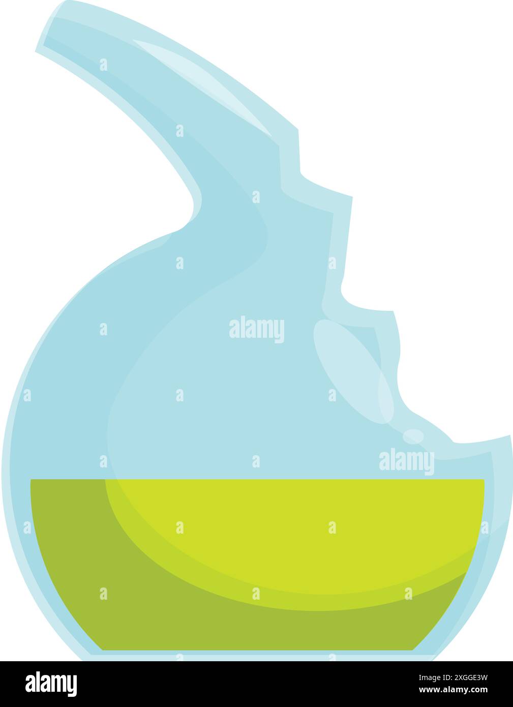 Cartoon style image of a broken chemistry flask containing bright green ...