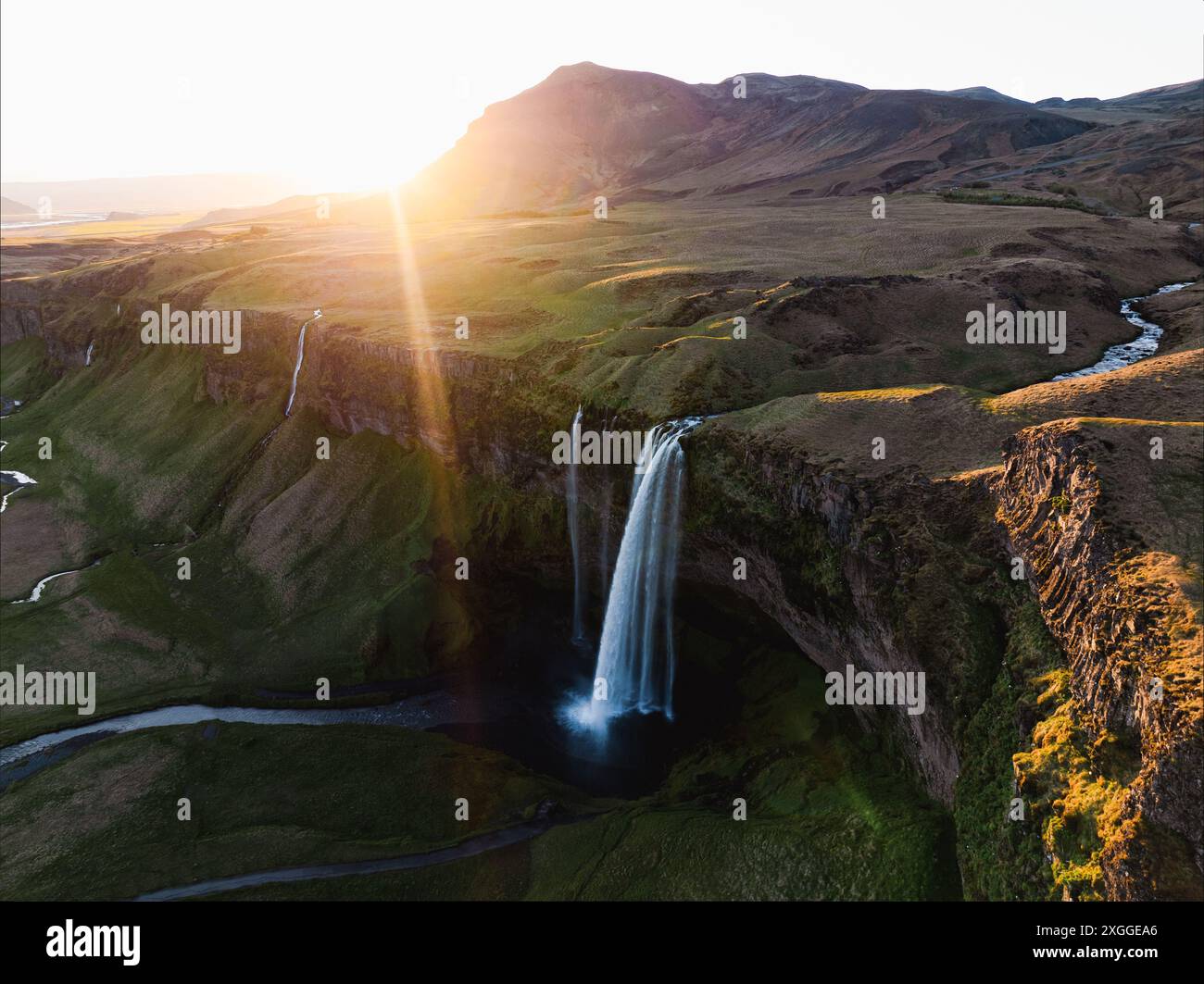 View from above, stunning aerial view of Seljalandsfoss waterfall at ...
