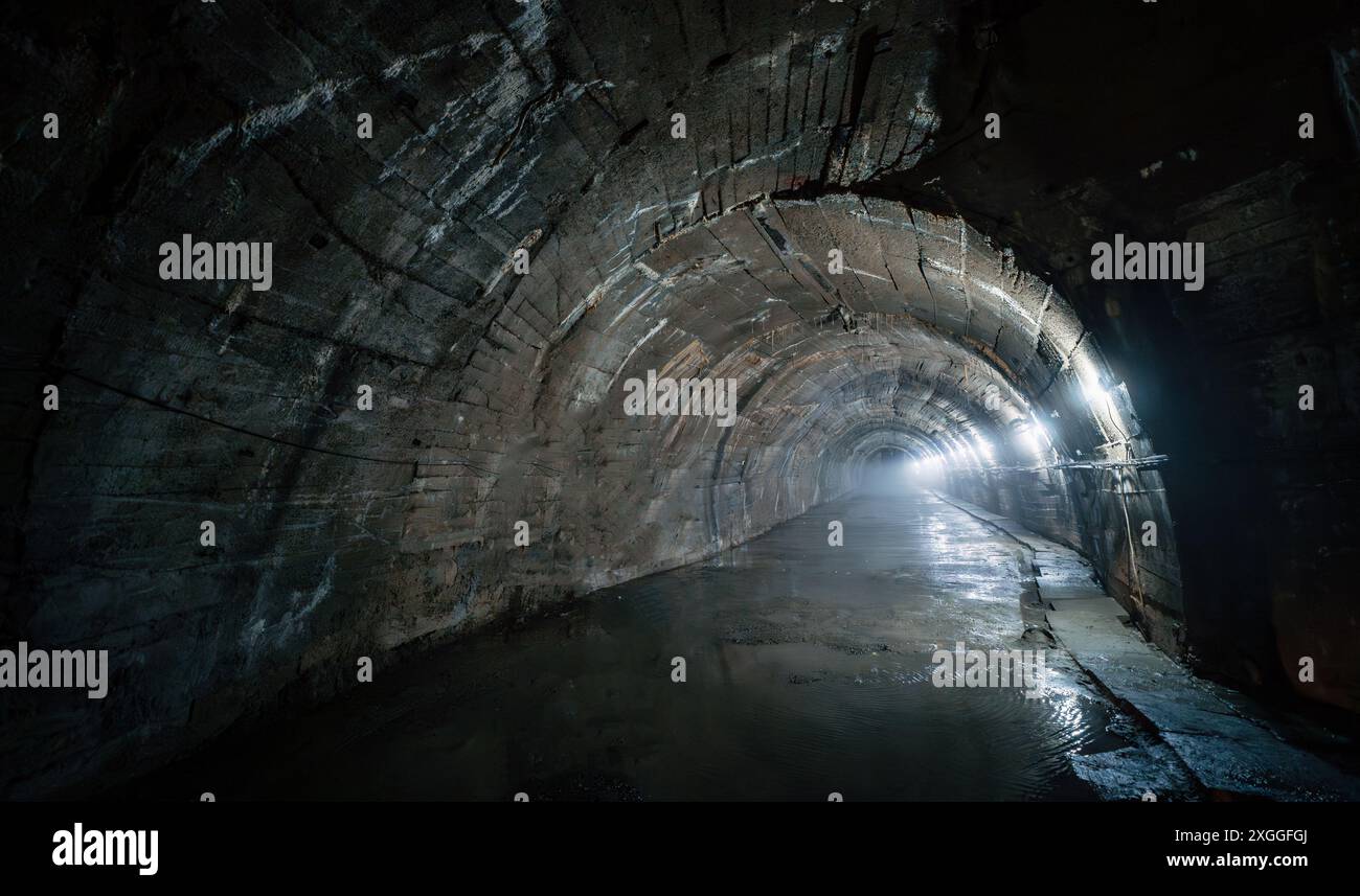 Damp underground concrete tunnel with curved ceiling, illuminated by ...