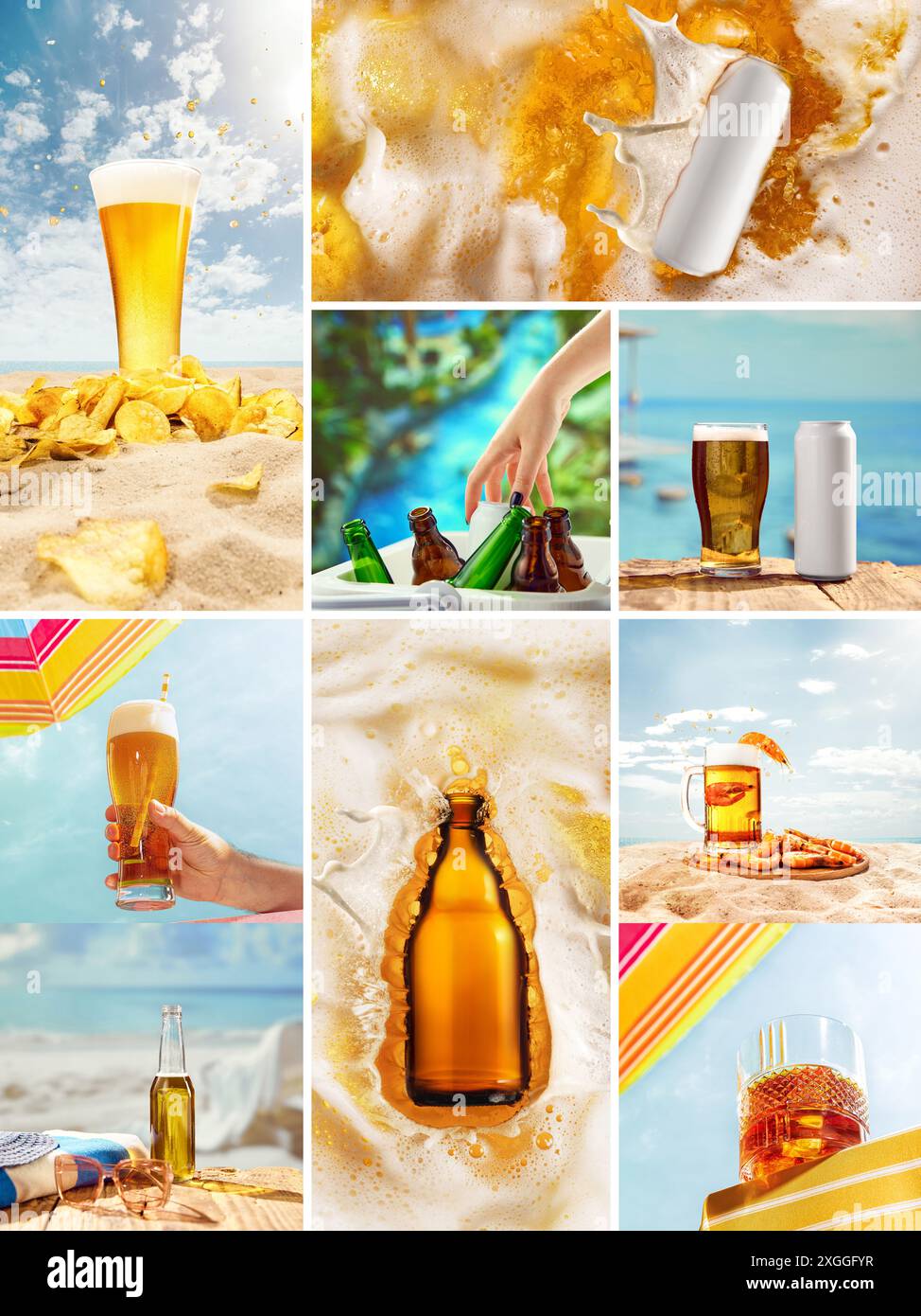 Collage. Variety of refreshing summer drinks on beach, cold beers ...