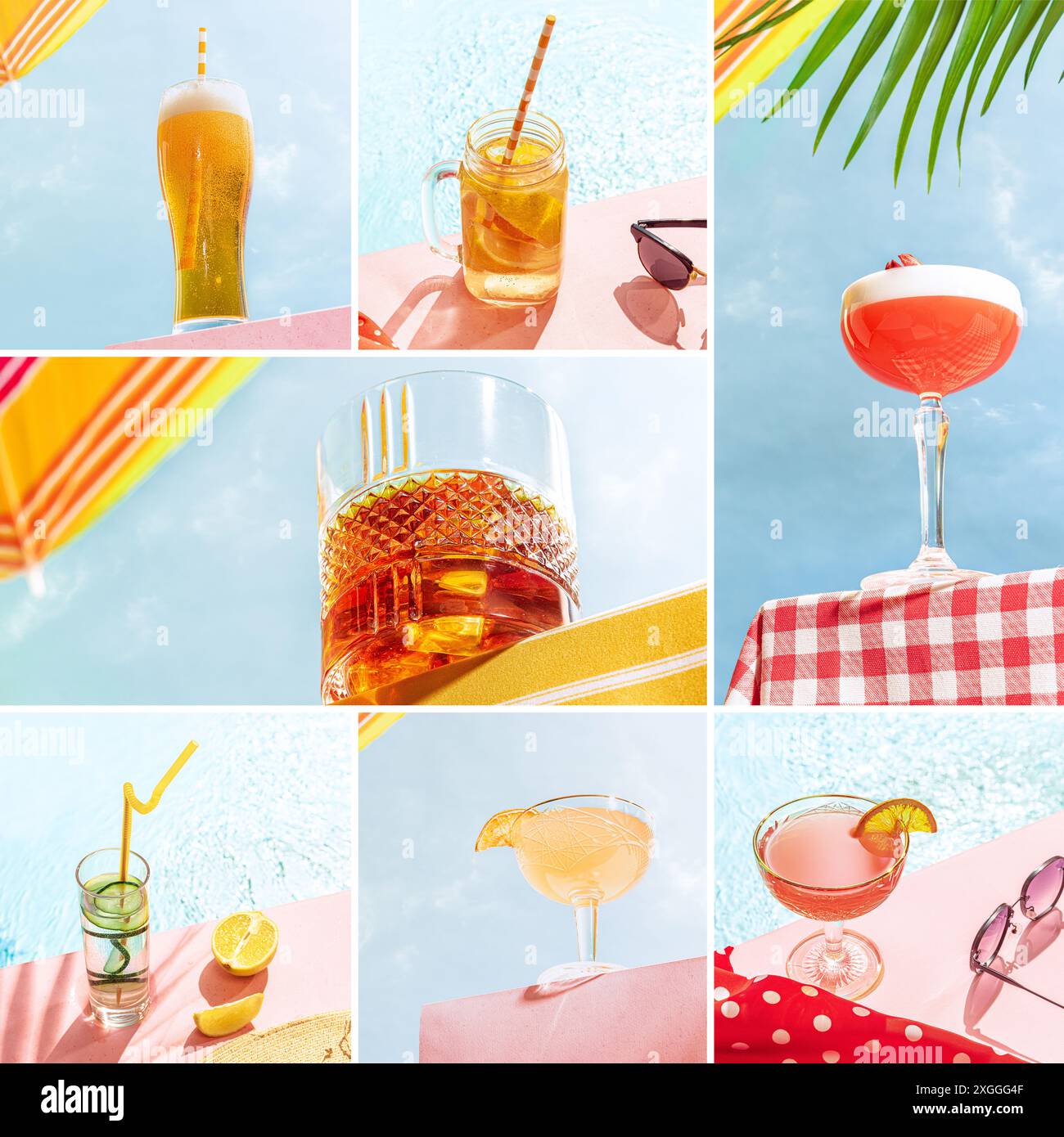 Collage. Variety of refreshing summer drinks on beach, cold beers ...