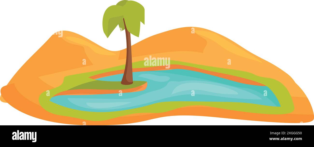 Oasis with blue water and palm tree growing on sandy ground in desert ...