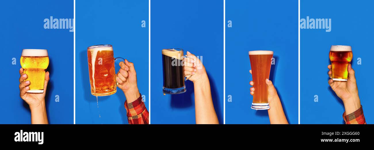 Collage. Group of people holding different types of beer against a blue ...