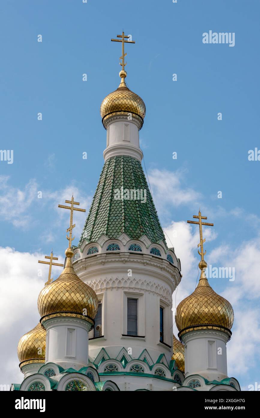 The golden gilded domes of Church of St Nicholas the Miracle-Maker in Sofia Bulgaria against ...