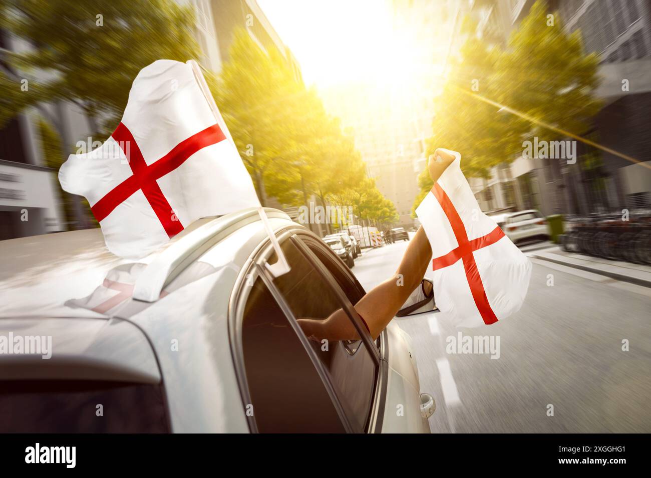 Fans with English Flag Celebrating in a Car Stock Photo - Alamy