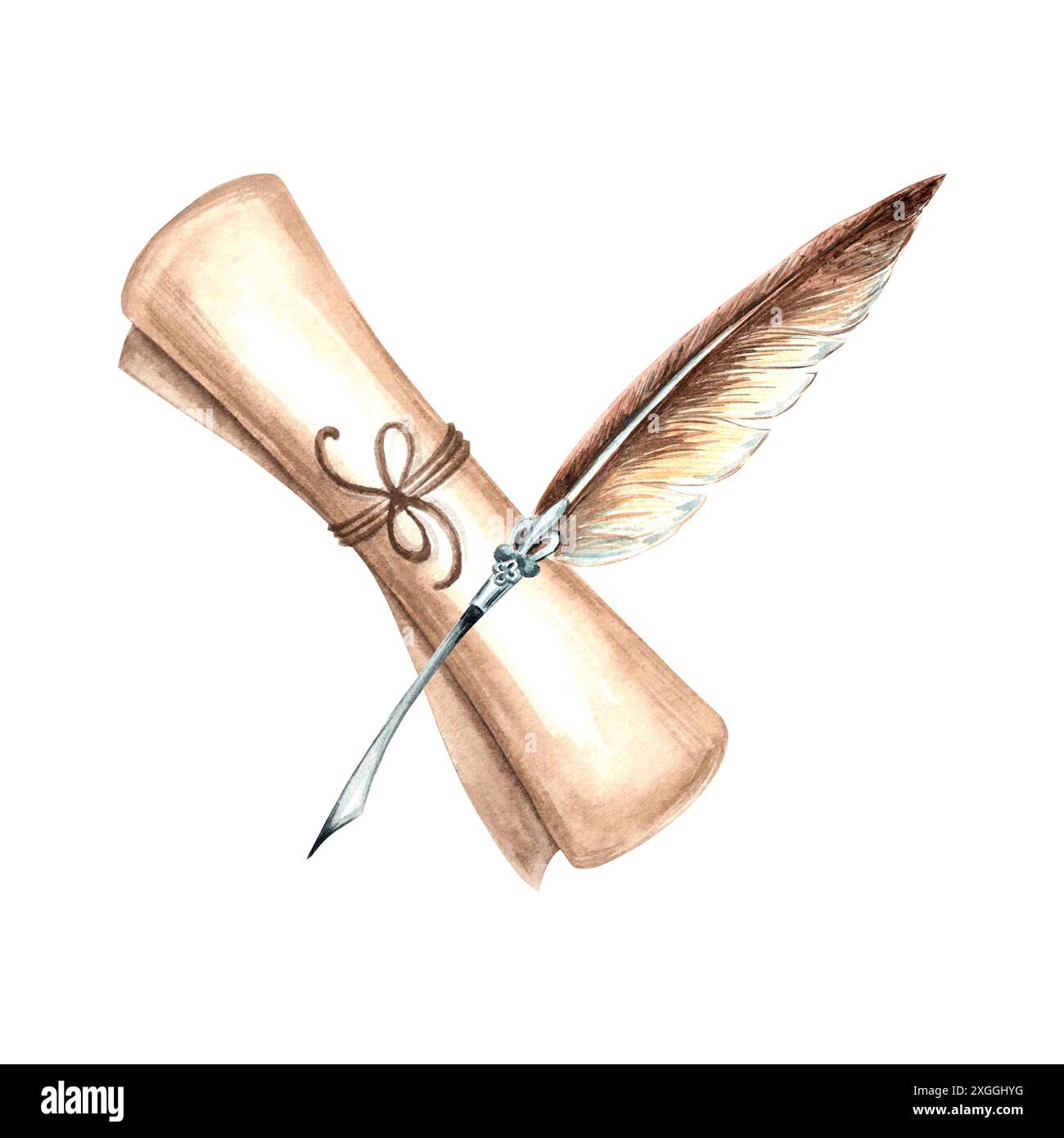 Feather pen and papyrus scroll. Composition with Parchment sheet of ...