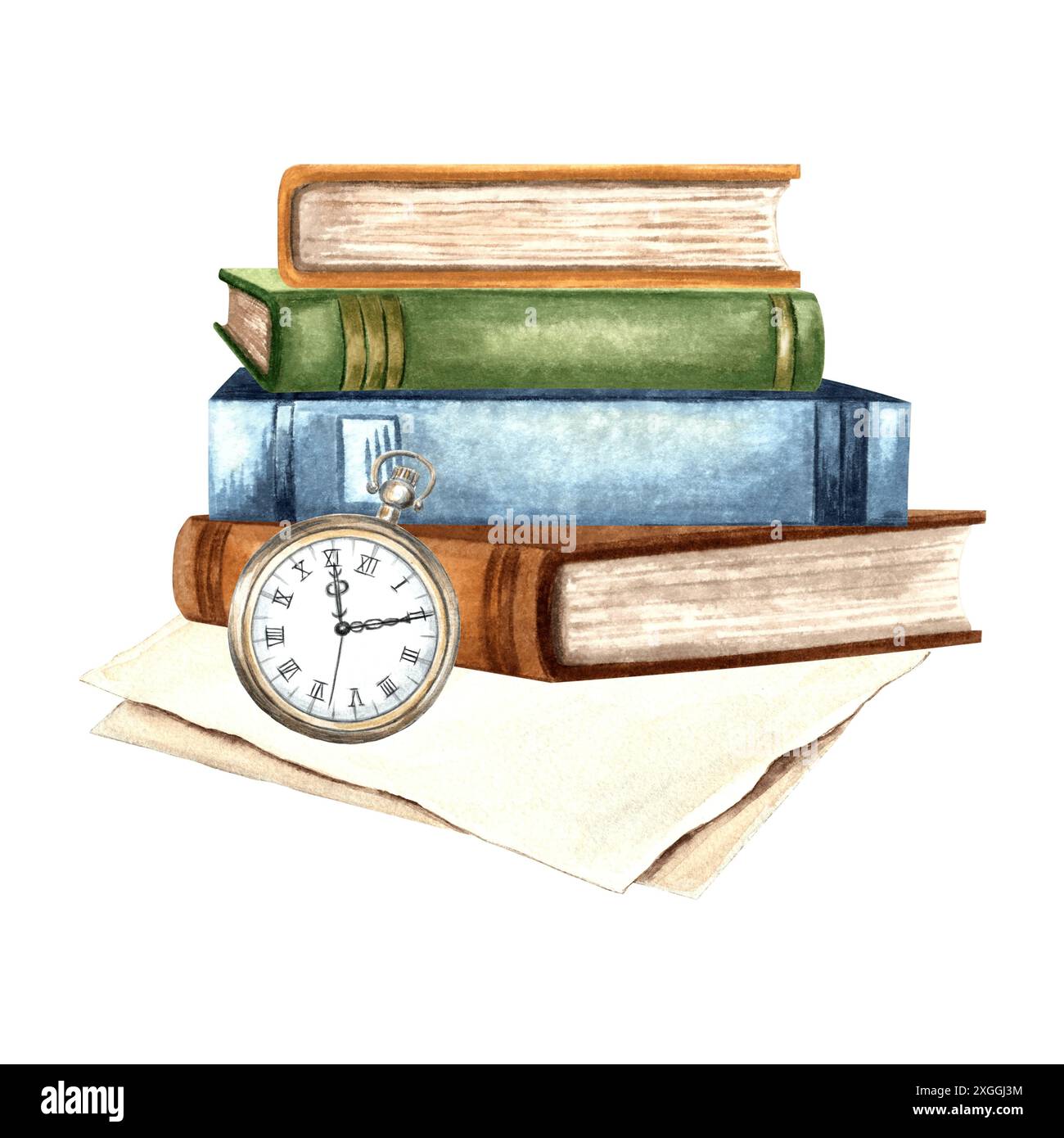 Book stack and pocket watch on parchment paper sheets. Hand drawn ...