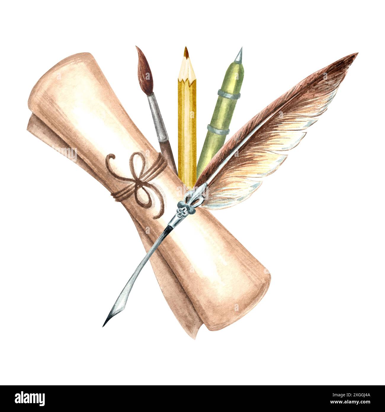 Feather pen and papyrus scroll. Pen, pencil and paint brush with ...