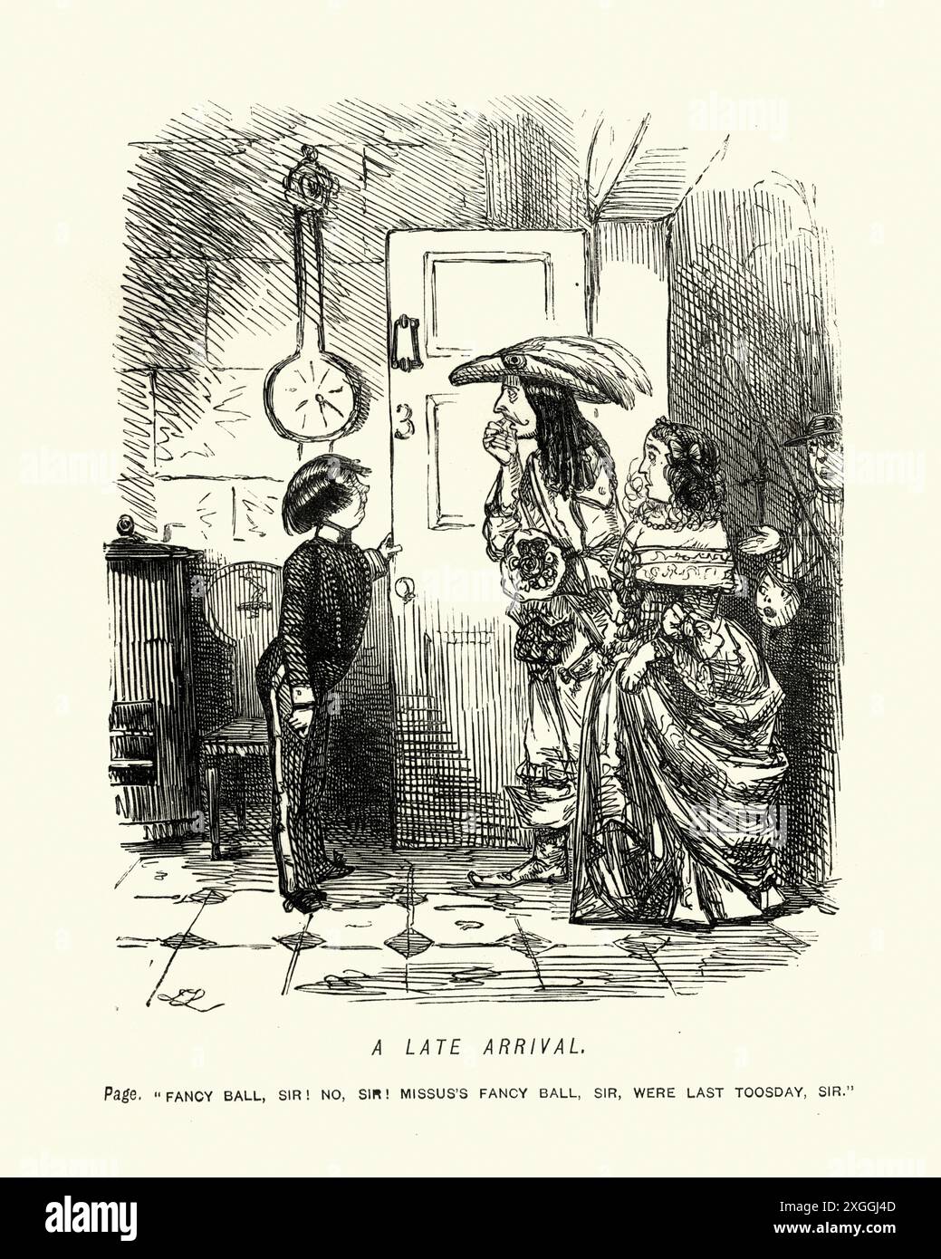 Victorian cartoon of a couple arriving late to a fancy dress party ...