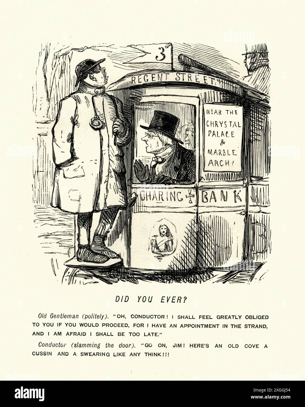 Victorian cartoon bus passenger asking the London bus conductor to ...