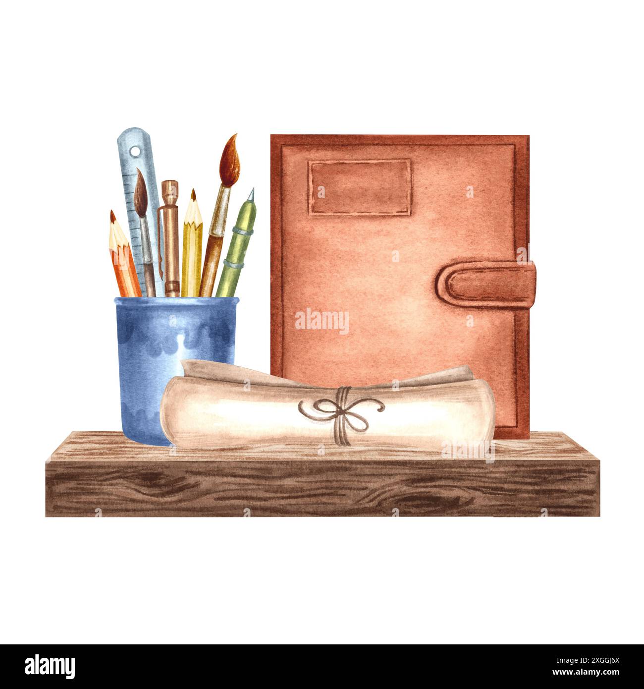 Notebook and writing supplies on woode shelf. Composition with ...