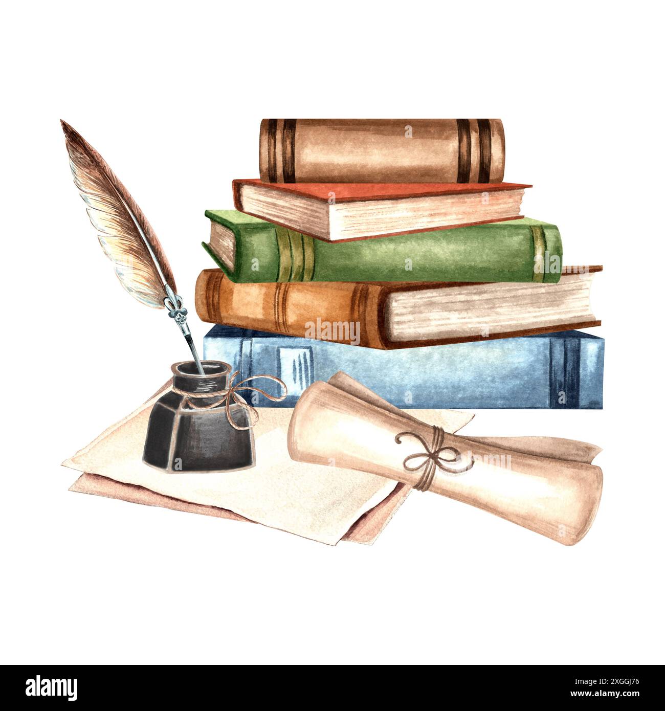 Books and writing utensils. Inkwell, feather pen and papyrus paper ...