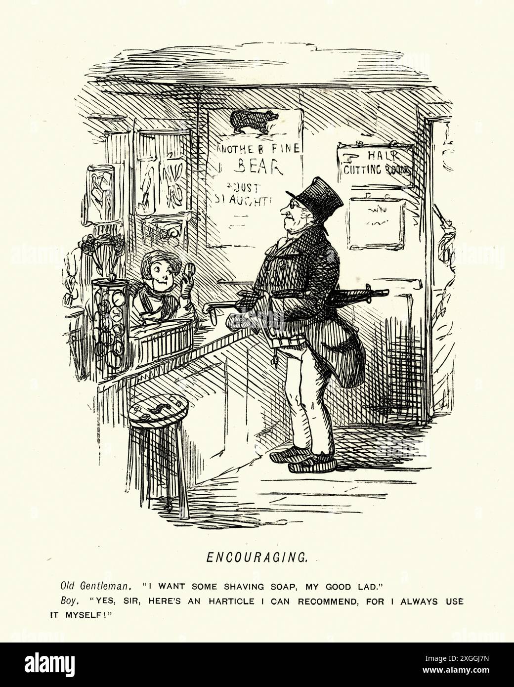 Victorian cartoon of man buying shaving soap in a shop. 19th Century ...