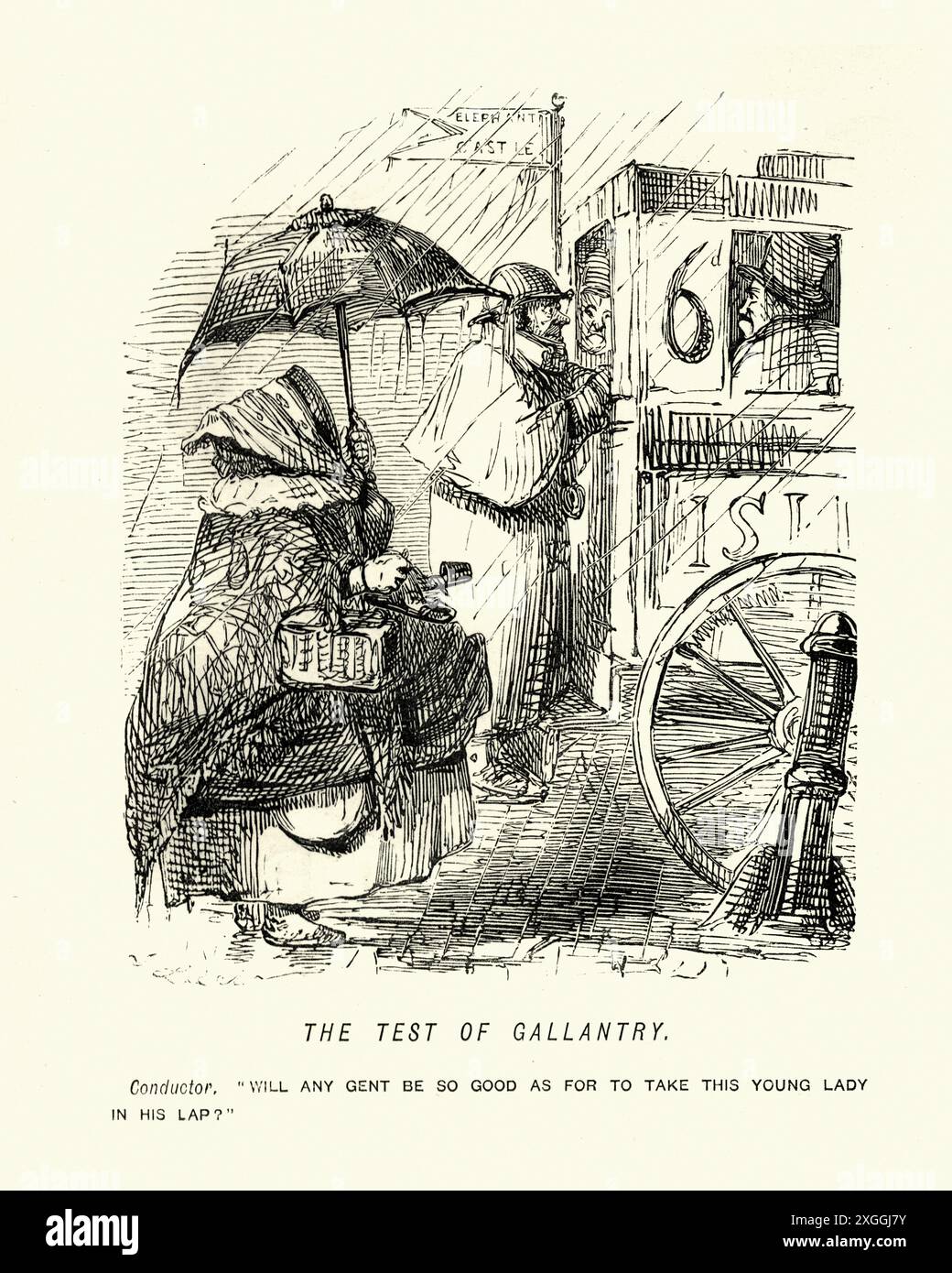 Victorian cartoon passengers waiting for a bus in the rain. 19th ...