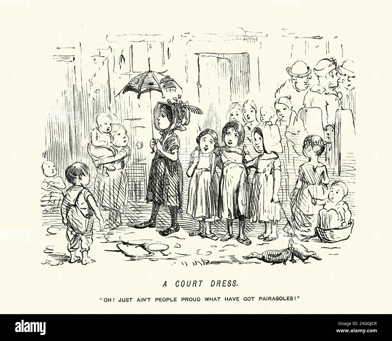 Victorian cartoon of a poor girl with a new parasole. 19th Century ...
