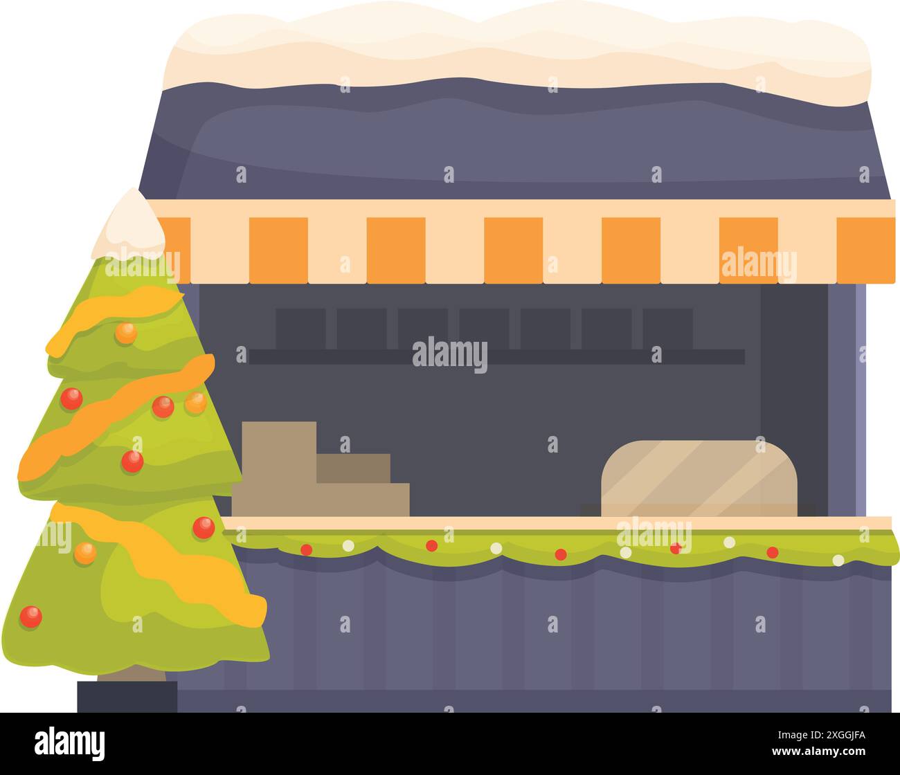 Christmas market stall selling gifts with decorated christmas tree ...