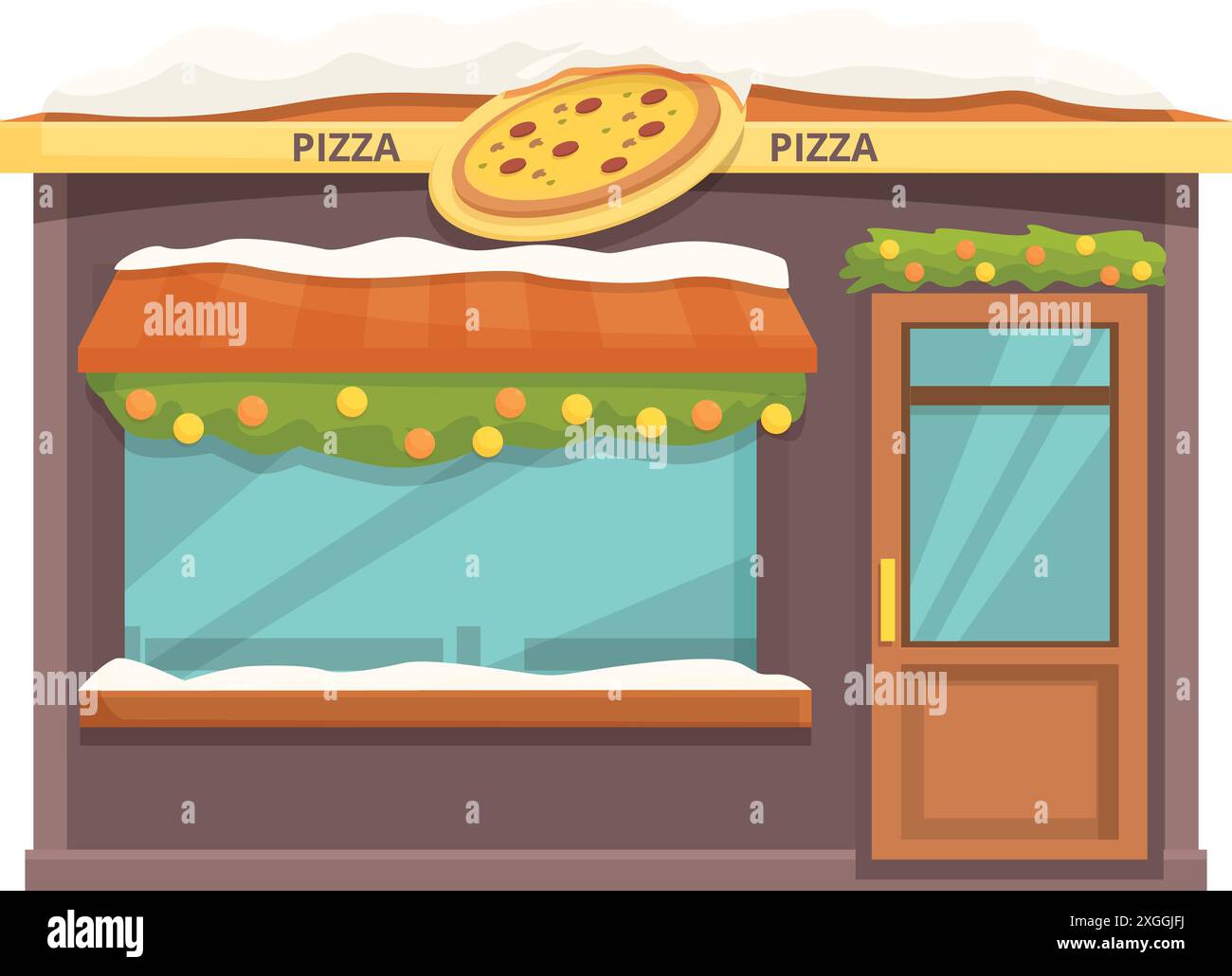 Small business pizzeria building celebrating christmas with decorations ...