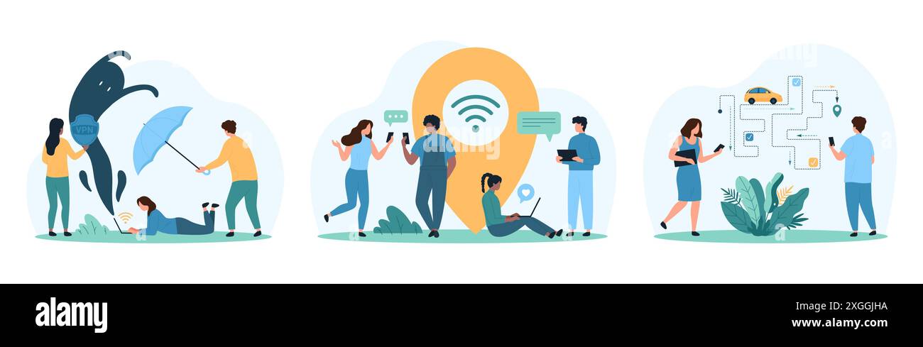 GPS navigation, VPN service set. Tiny people work with location pin for ...