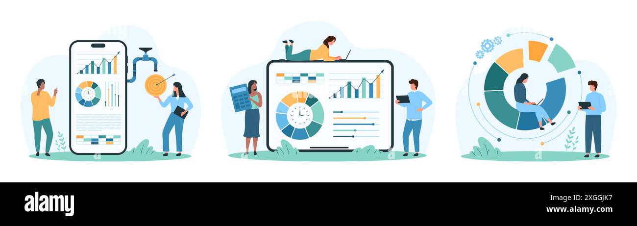 Digital data analysis set. Tiny people work with statistic report and financial growth ...