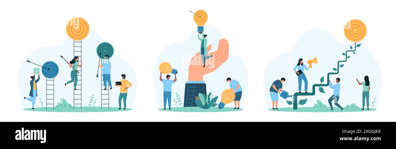 Success goal achievement set. Tiny people climb up ladders to reach ...