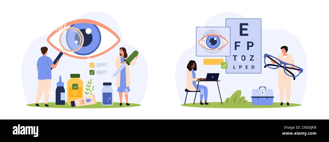 Eye health checkup by ophthalmologist, ophthalmology set. Tiny people ...