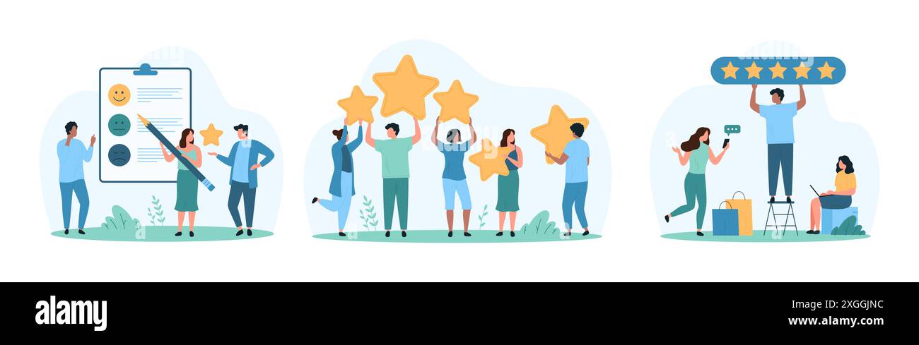 Customer feedback set. Tiny people hold five yellow stars to rate ...