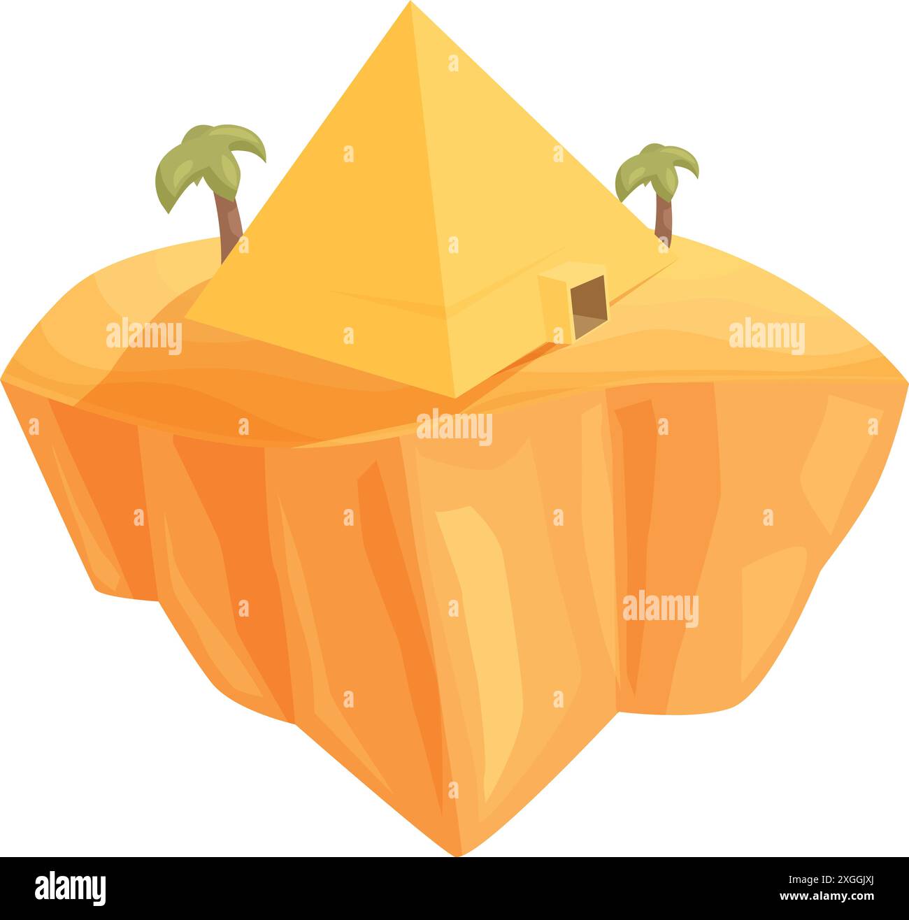Cartoon desert island floating in the air, with a pyramid, palm trees ...