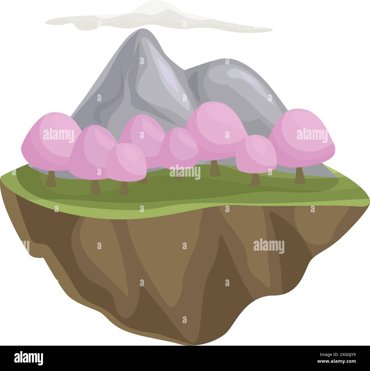 Magical floating island with blooming sakura trees and mountains in the ...