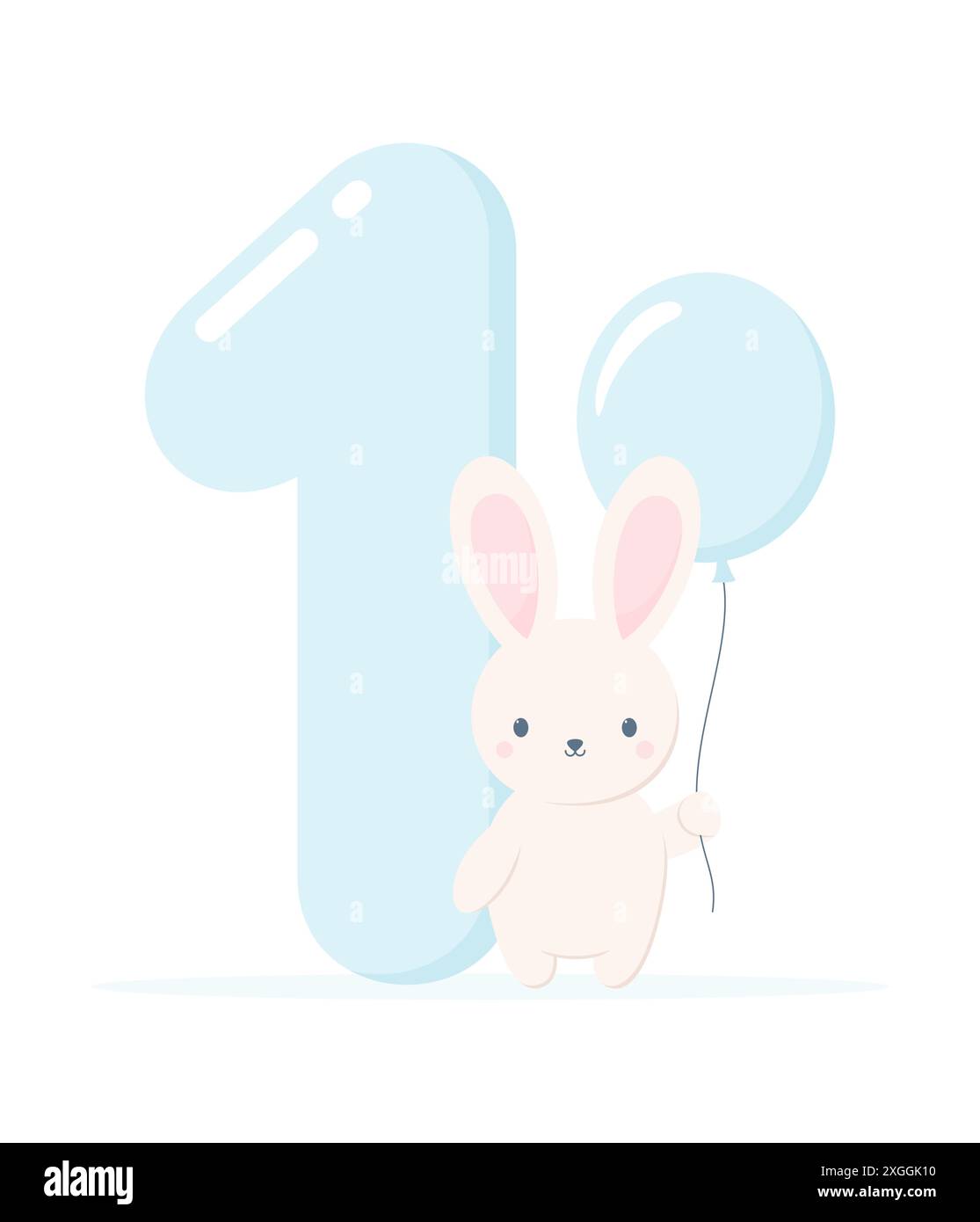 A cute rabbit with a blue balloon standing near the big blue number one ...